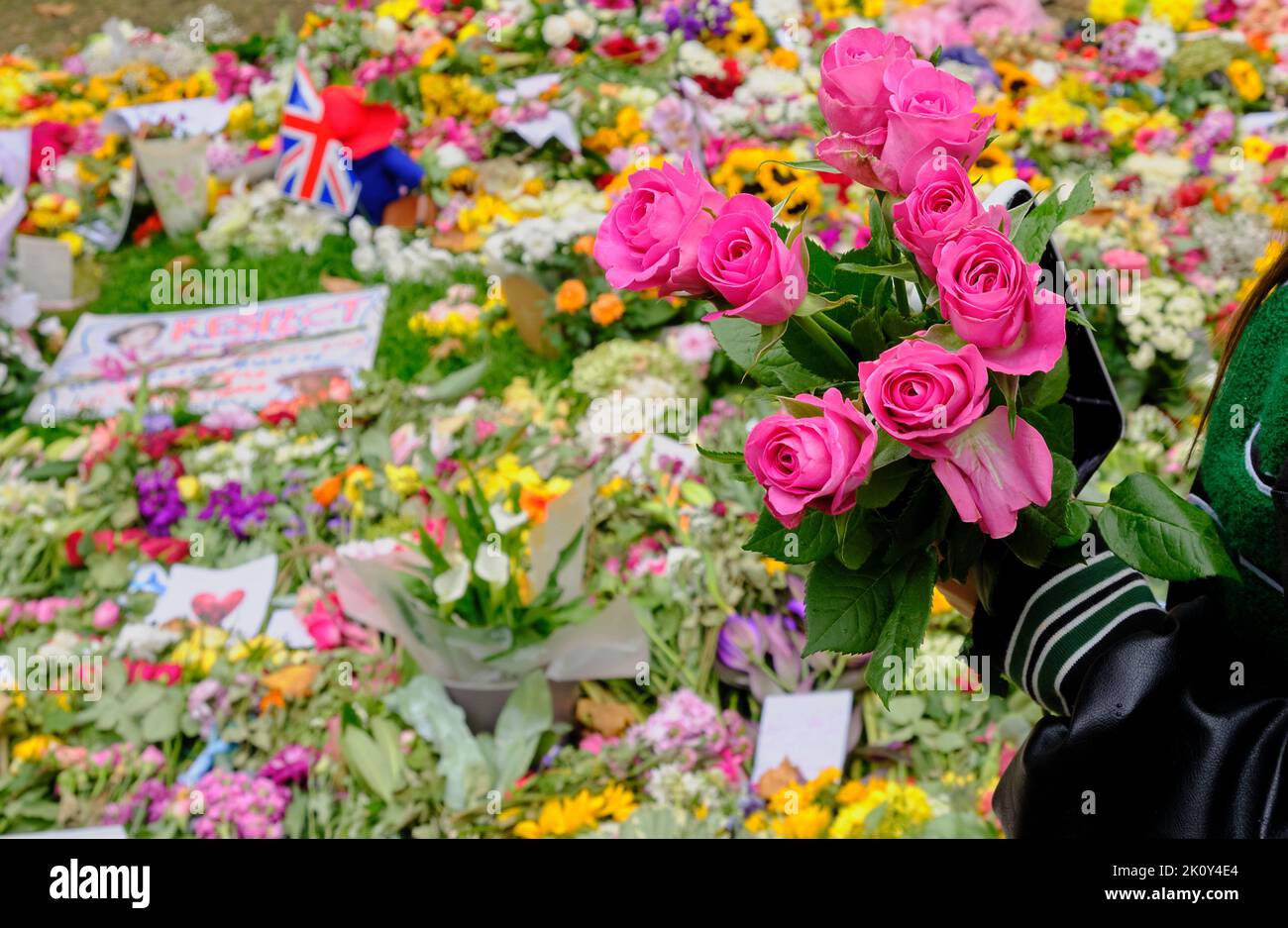 Woman lays flowers as part of a floral tribute following the death of ...