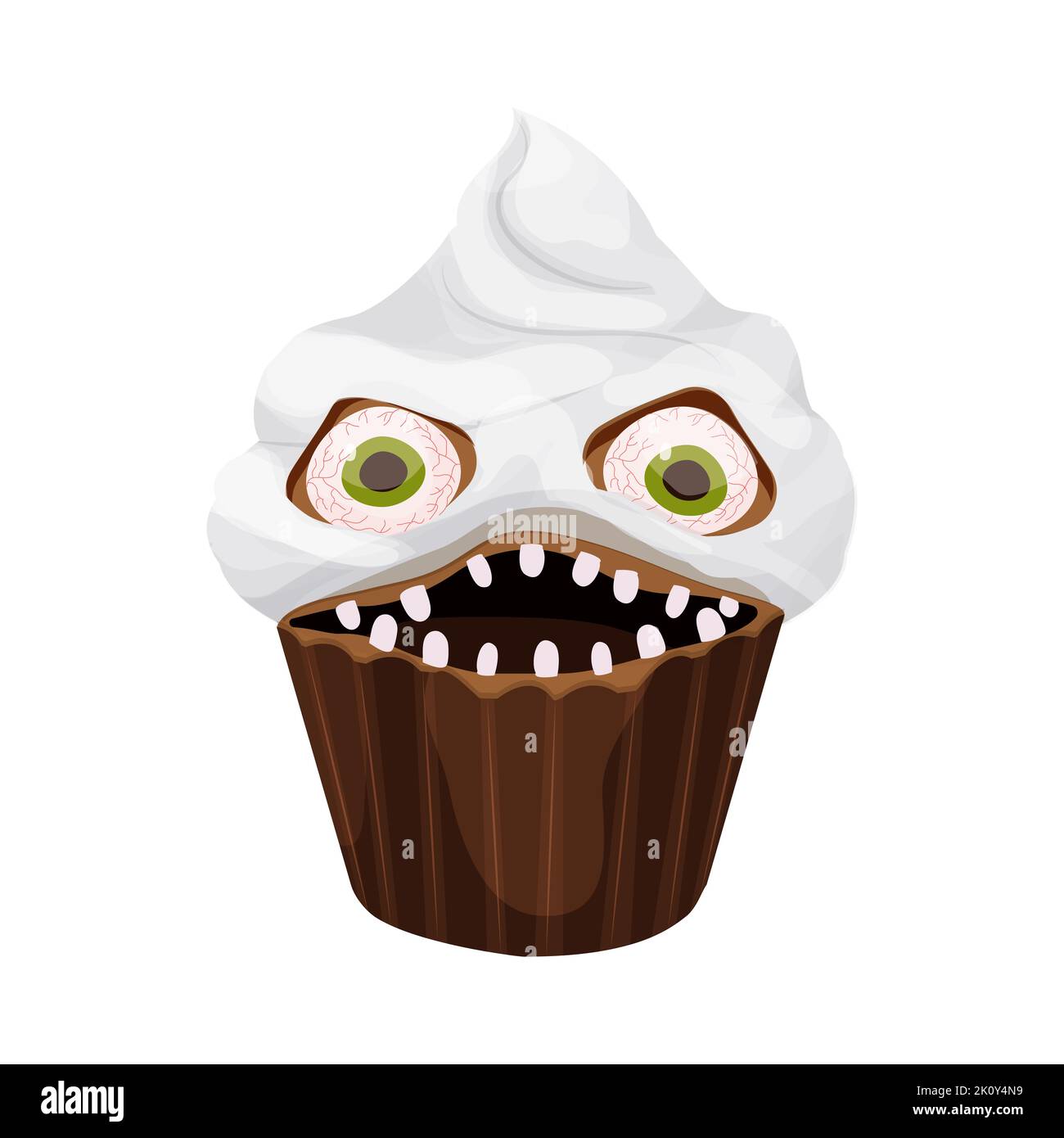 Cupcake Halloween monster dessert with scary face, teeth, eyes in cartoon style isolated on ...
