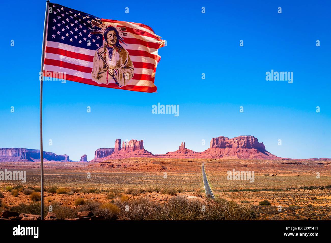 Highway Road Highway 163 and Monument Valley with american flag, USA ...
