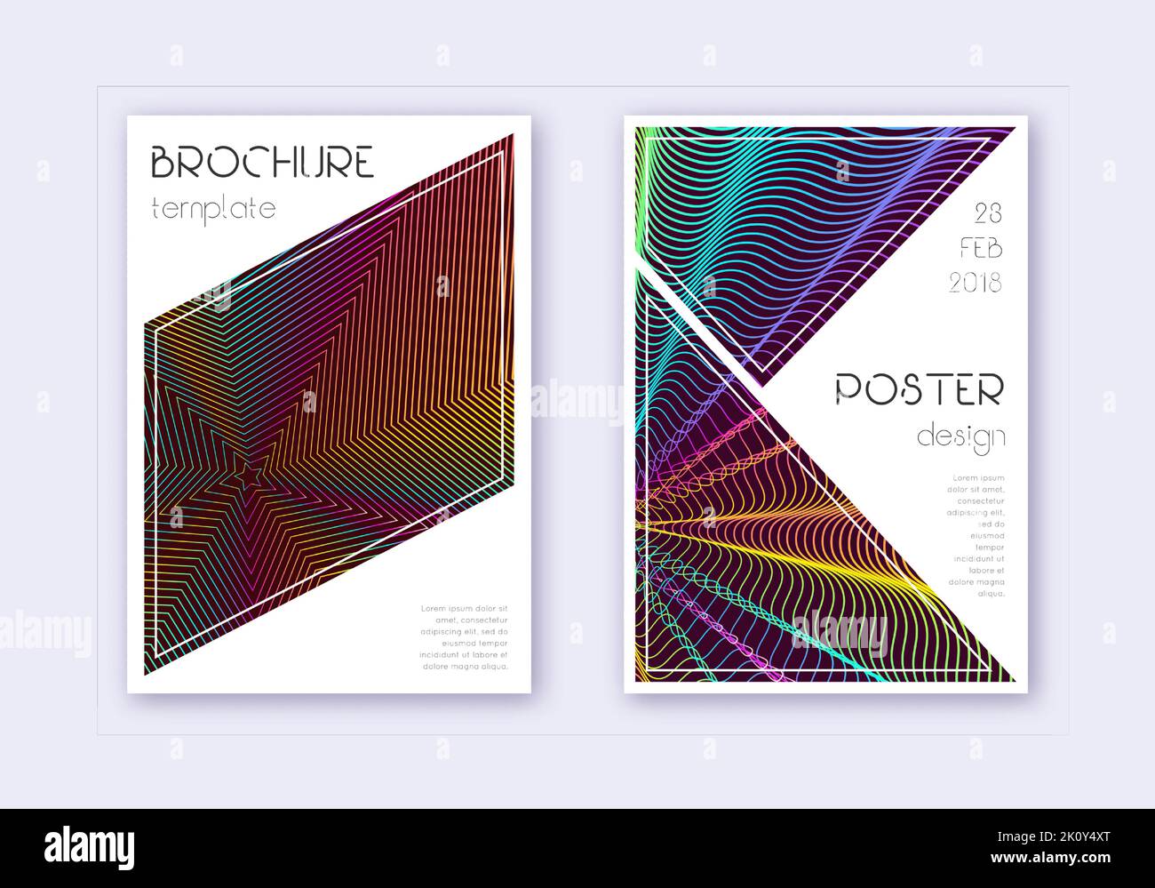Triangle cover design template set. Rainbow abstract lines on wine red ...