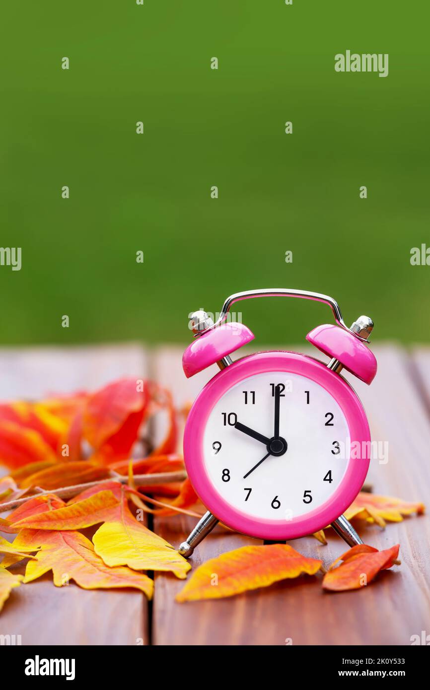 Retro alarm clock with orange autumn fall leaves, daylight savings time ...