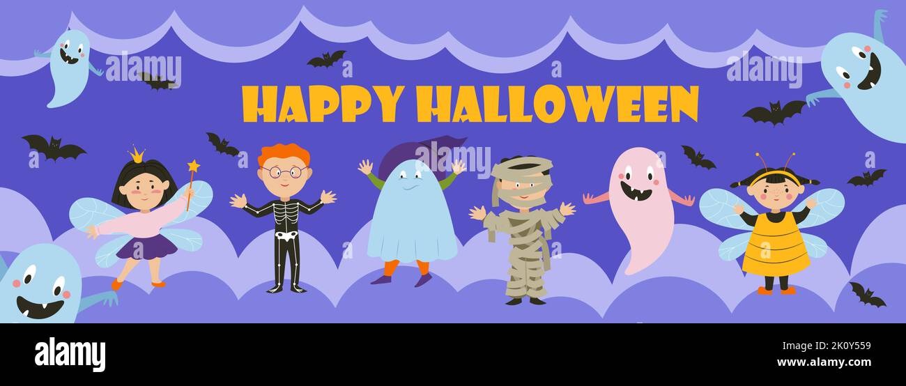 Children in costumes witches, vampire, death, ghosts, pumpkins and bats ...