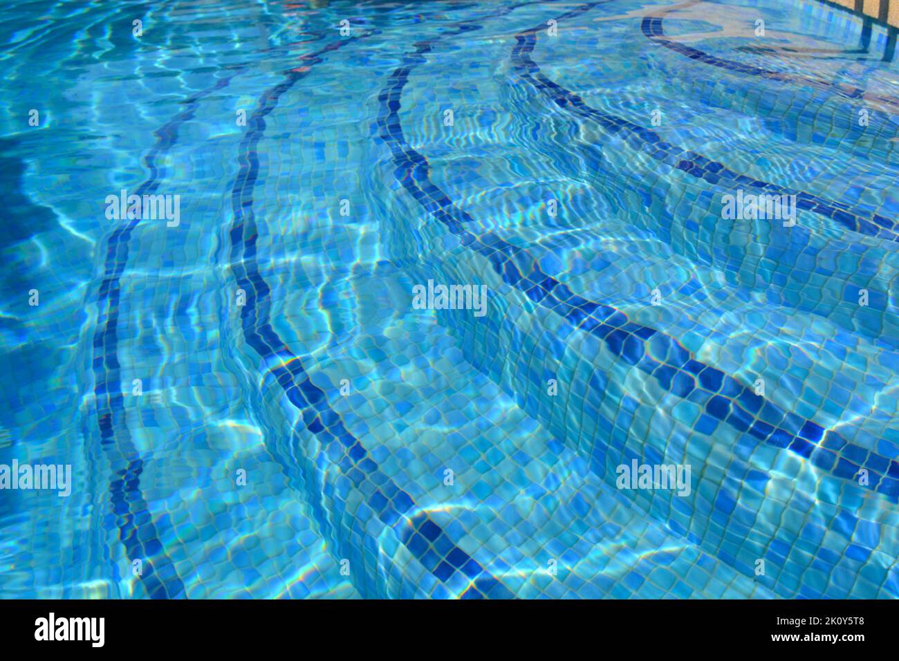 Abstract background, sunlight reflecting in water on steps of blue ...