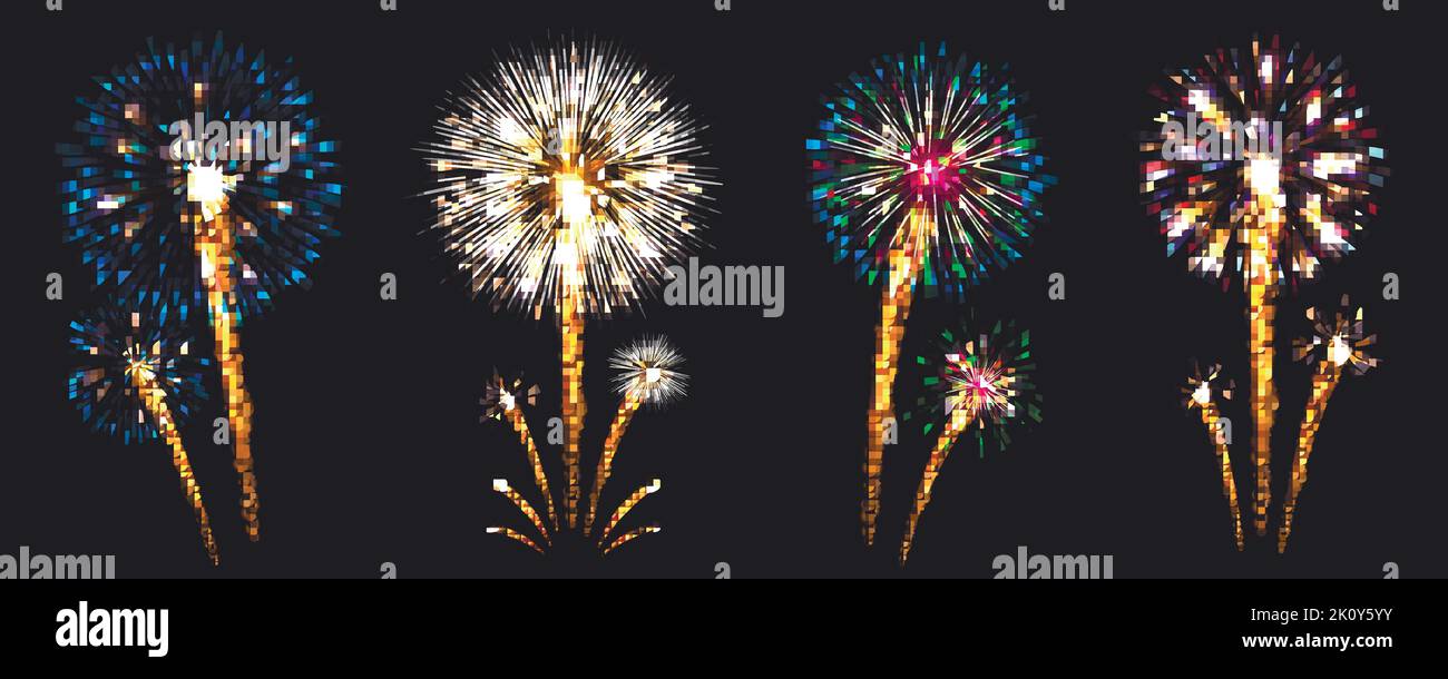 Realistic fireworks set in different sizes shapes and colors ...
