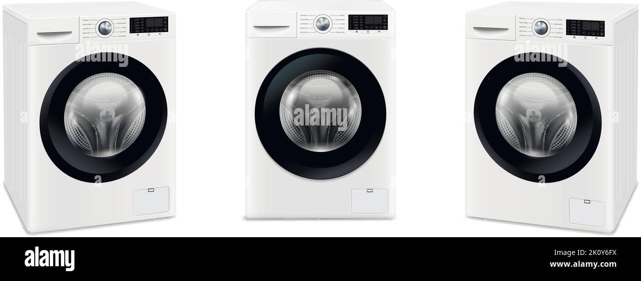 Set of washing machines isolated on white background. Front and ...