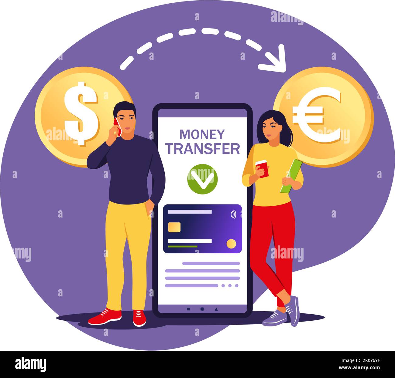 Currency conversion concept. Mobile bank users transferring money. Online payment. Vector ...