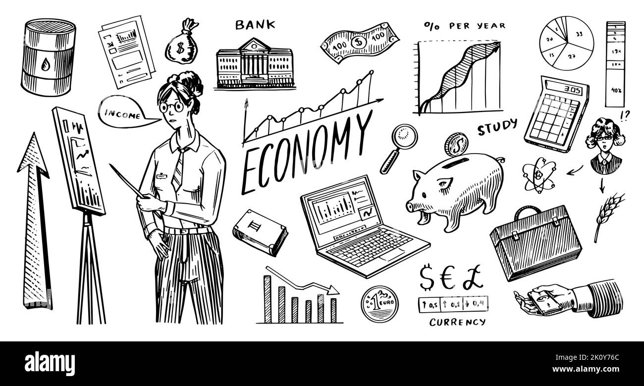Economy poster. Finance and money. Piggy bank, calculator and graphs ...