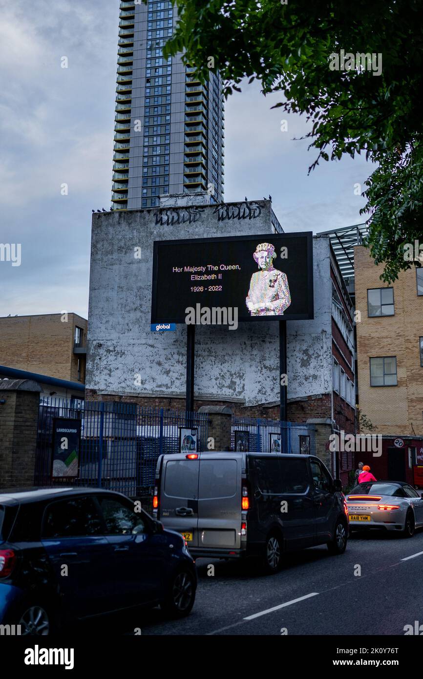 A digital advertising sign displays a tribute to the Queen the day ...