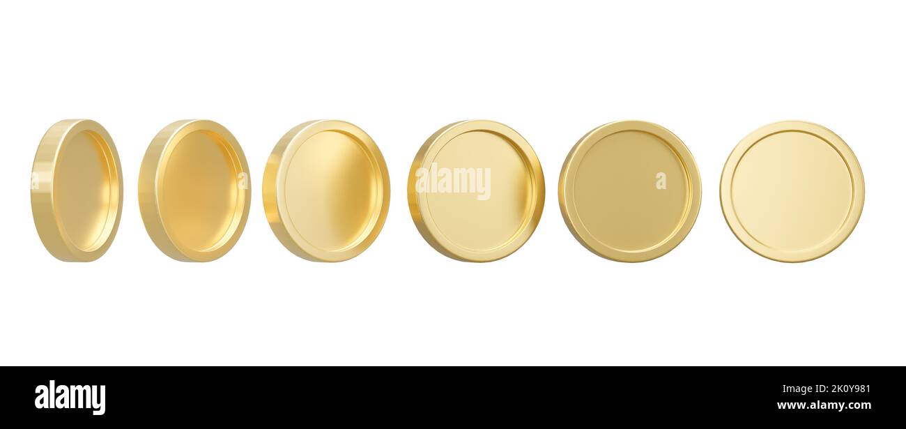 Collection of golden coin in different shape on white background. 3d ...