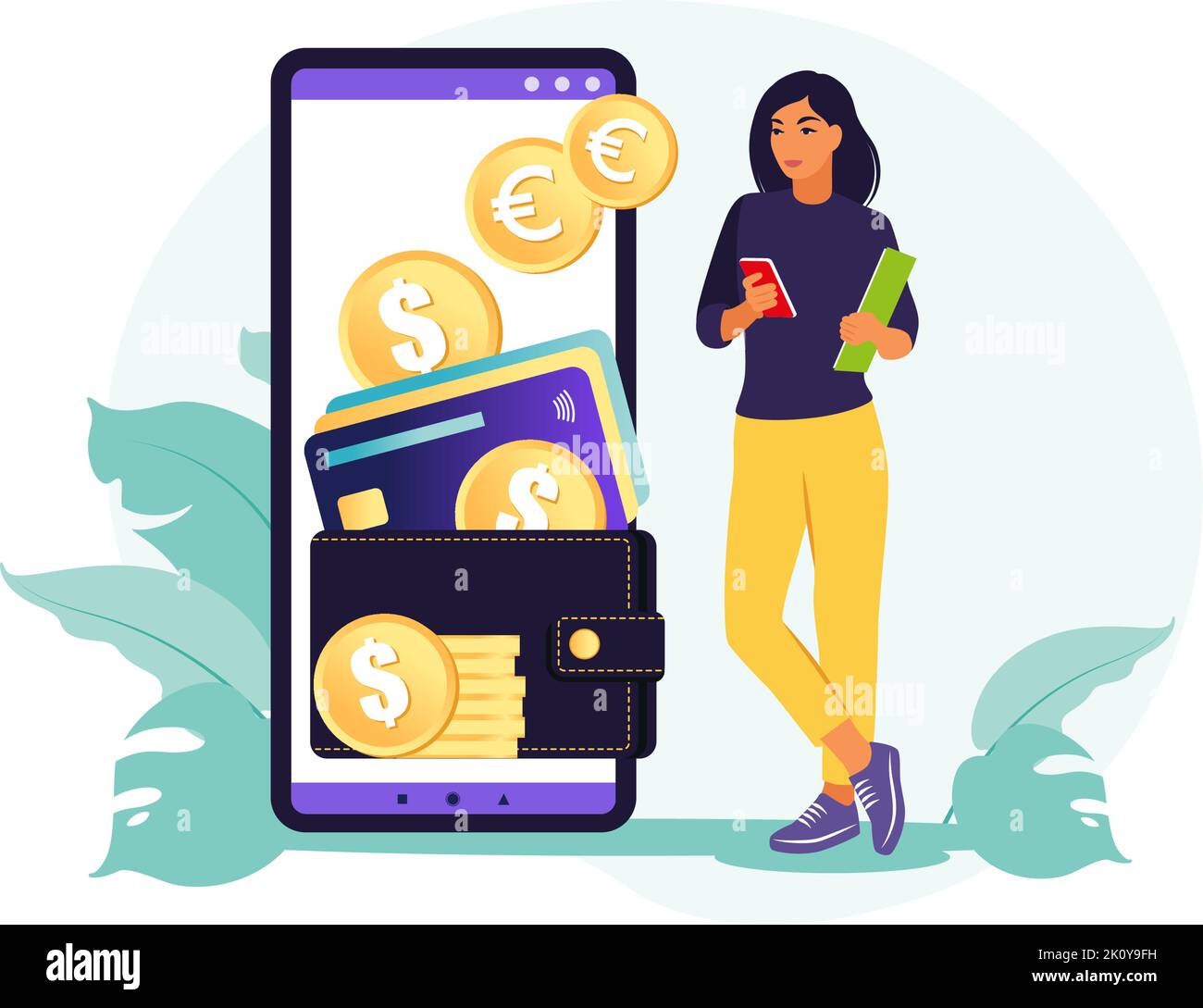 Digital wallet concept. Young wealthy woman pays card using mobile ...