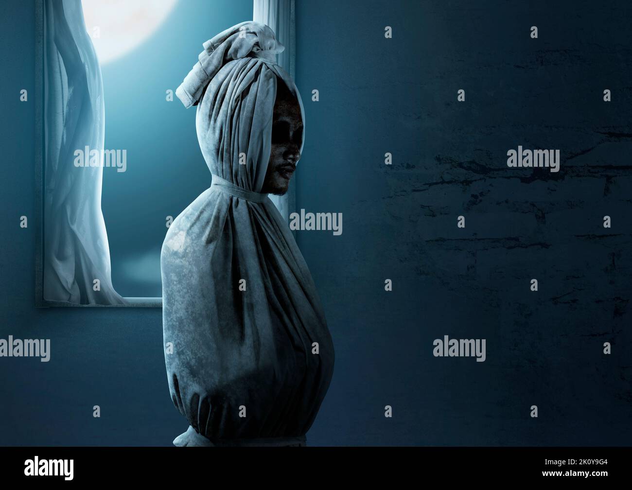 Pocong is covered with a white linen shroud standing on an abandoned ...