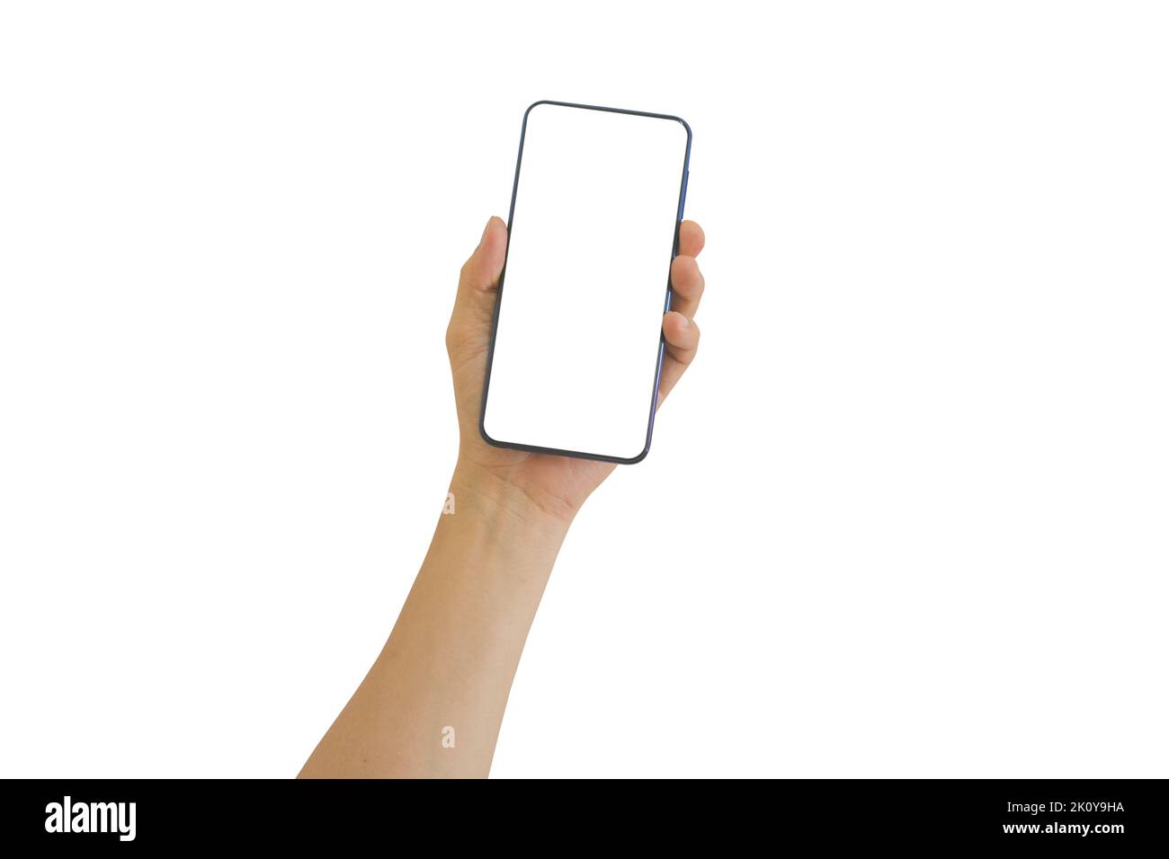 Male hand holding smart phone with white blank empty screen isolated on ...