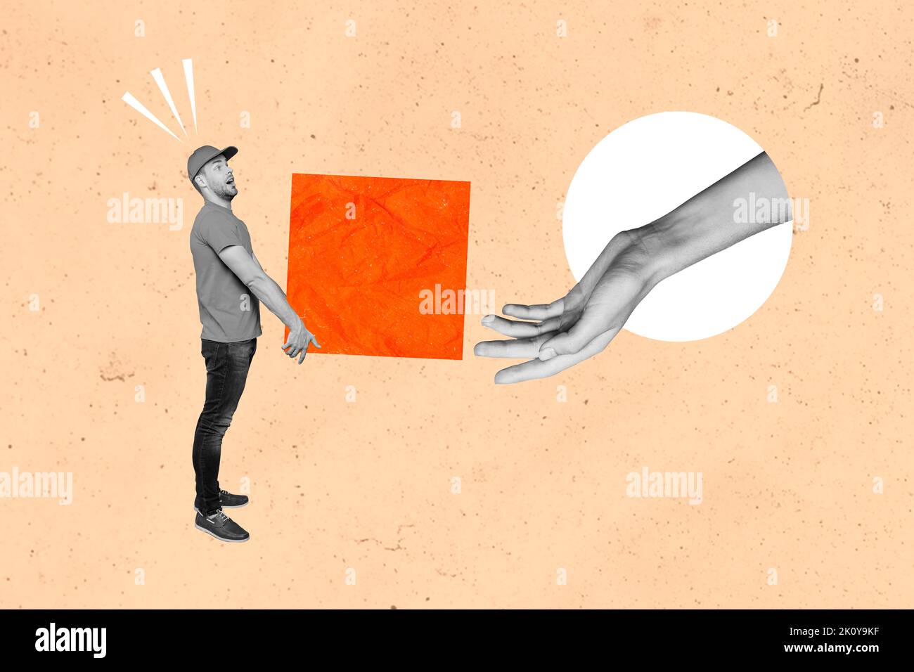 Creative trend collage of delivery man holding big red cube box parcel ...