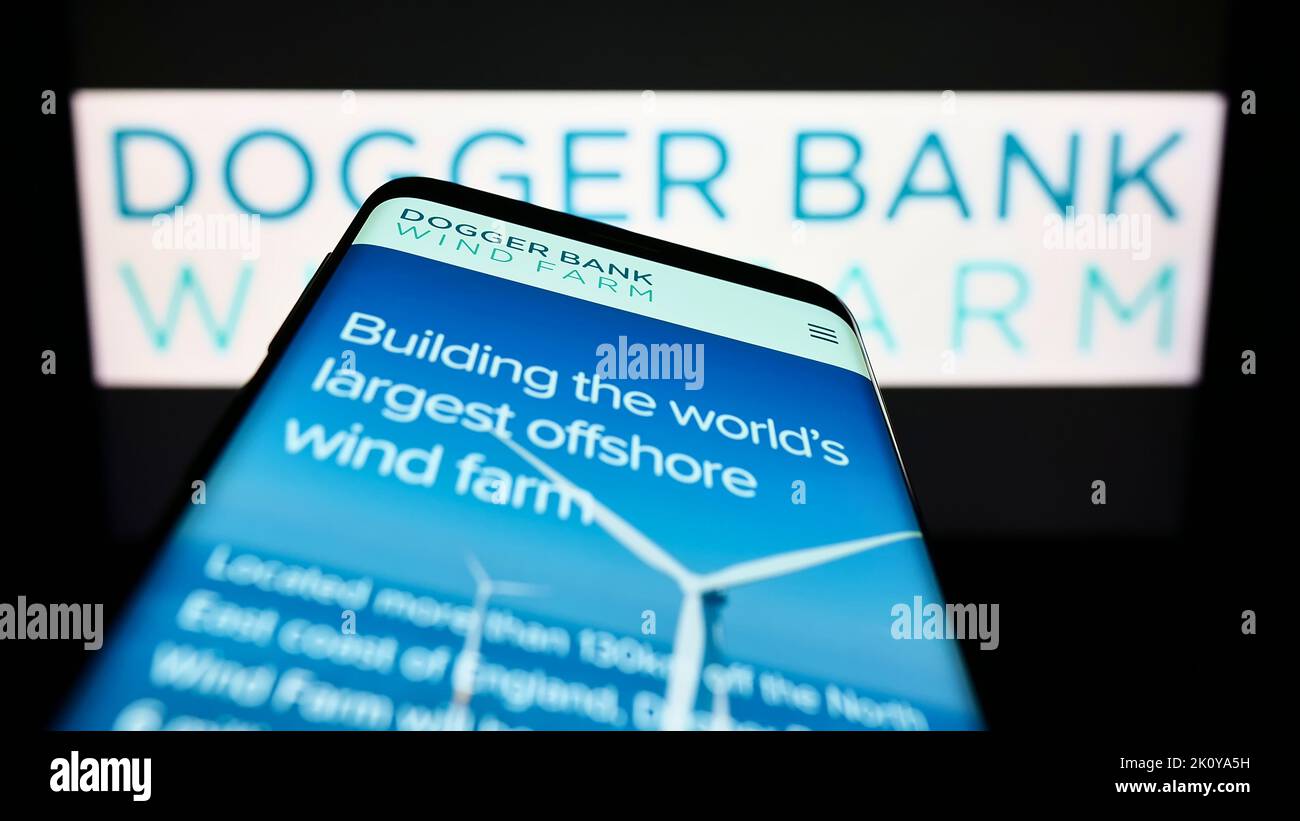 Mobile phone with webpage of offshore energy generator Dogger Bank Wind ...