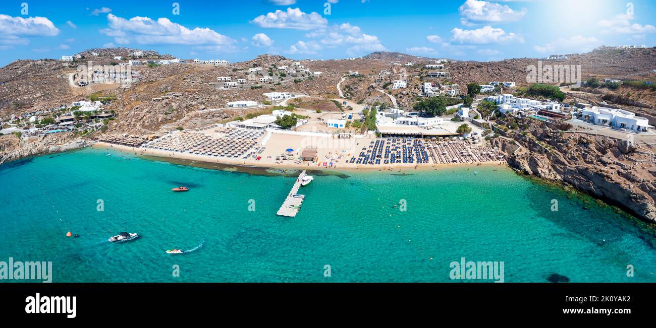 Panoramic aerial view of the popular Super Paradise Beach at Mykonos ...