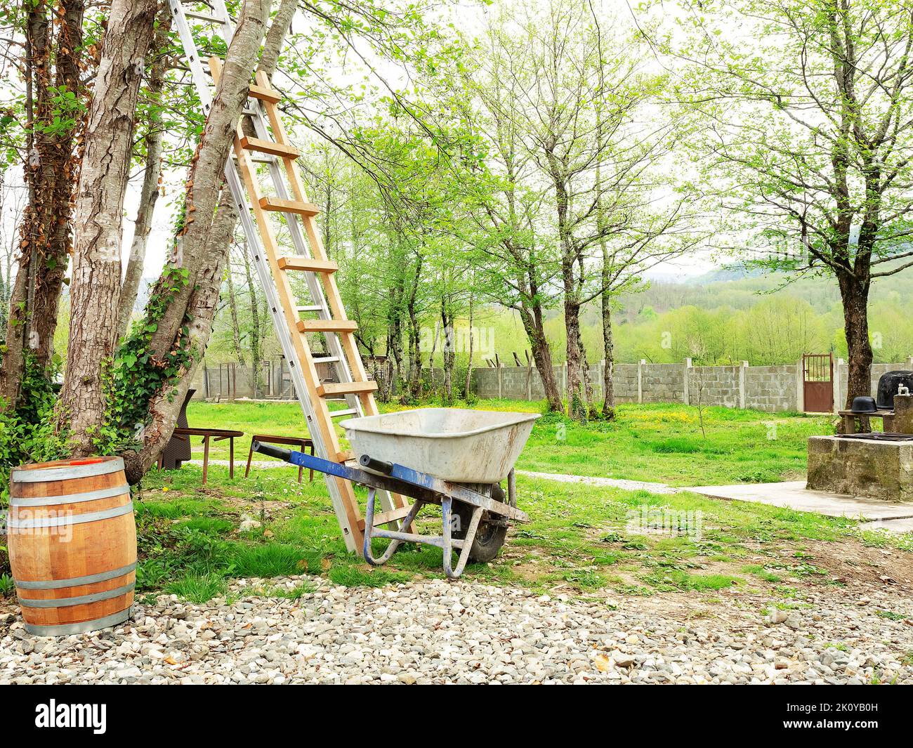Cart outdoor ladder. Yard with cart ladder and barrel Stock Photo - Alamy