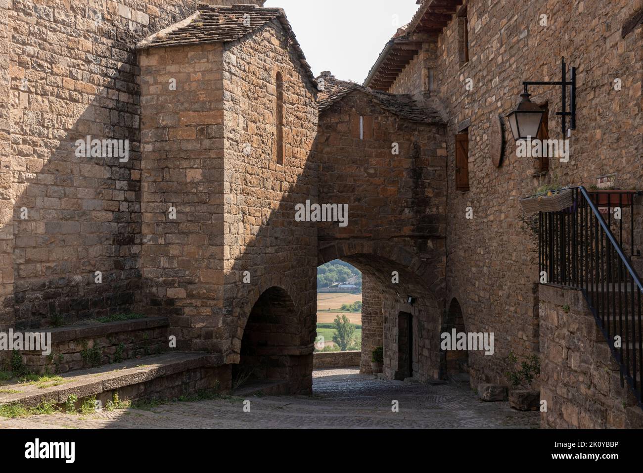 stone street in the medieval village of ainsa in the pyrenees Stock ...
