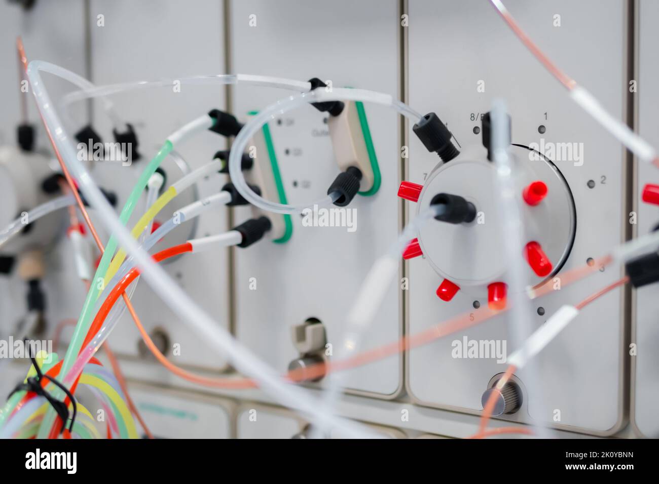Close up of liquid phase chromatography system, tubes and hoses Stock ...