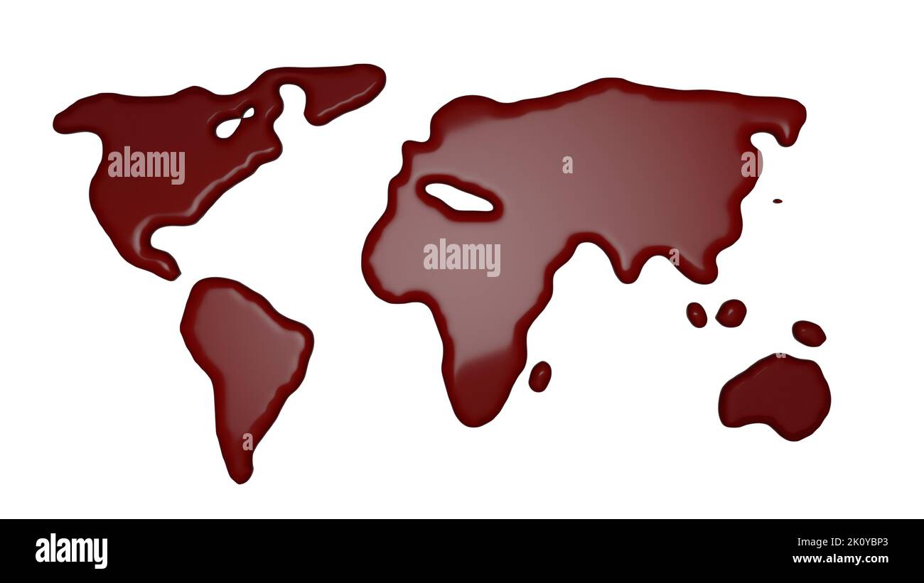 World or Global Map created by spilled Blood or Red liquied. 3D render ...