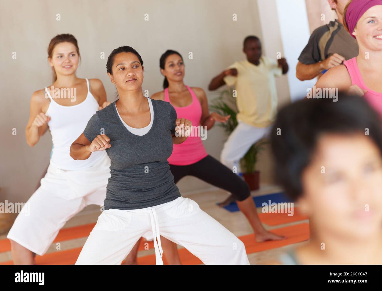 Focus is key in yoga. a group of yoga students focusing on their form ...