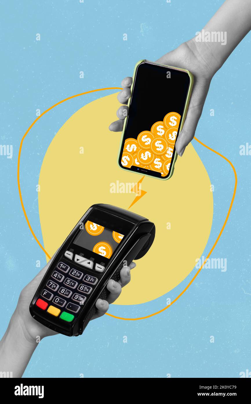 Vertical collage picture of two arms hold post terminal telephone ...