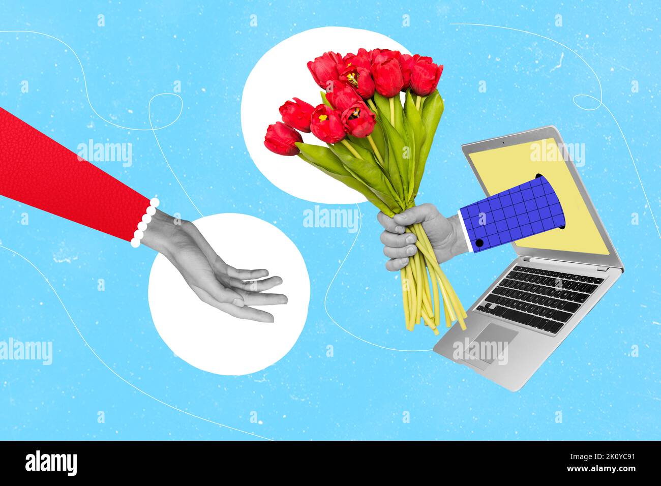Collage photo of abstract online laptop internet hold bouquet red ...