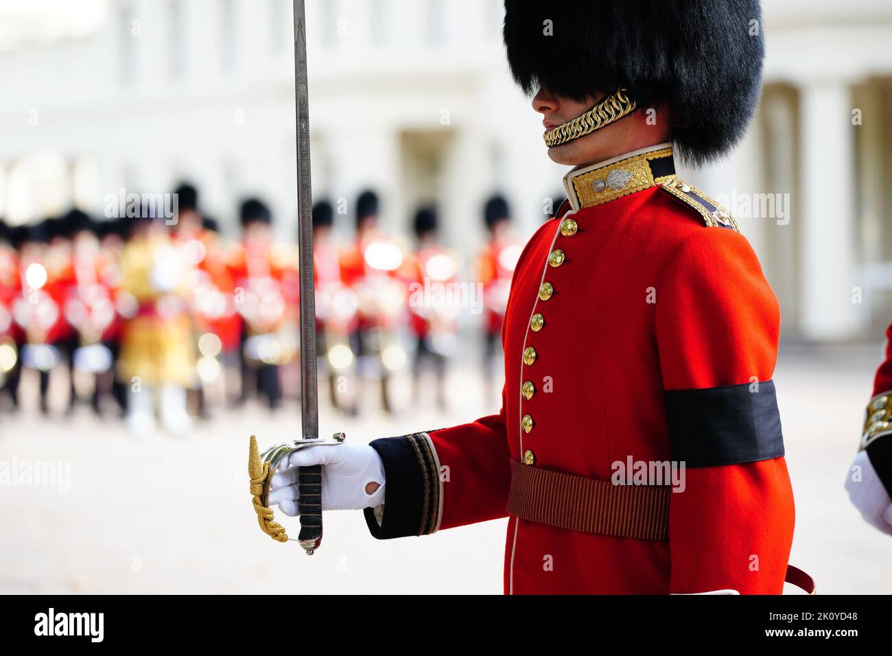 Members of the Coldstream Guards leave Wellington Barracks, central ...