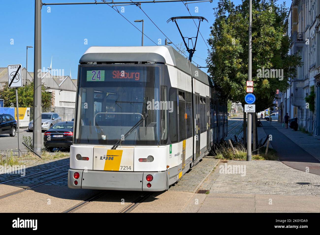 Antwerp, Belgium - August 2022: Electric tram running on a street near ...