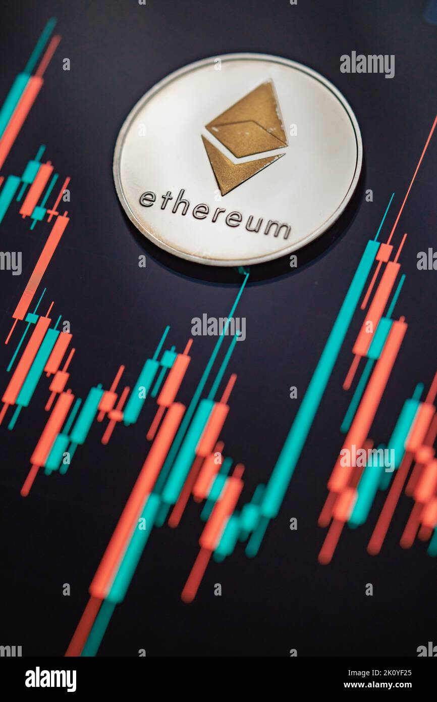 Silver Ethereum cryptocurrency with candle stick graph chart and ...