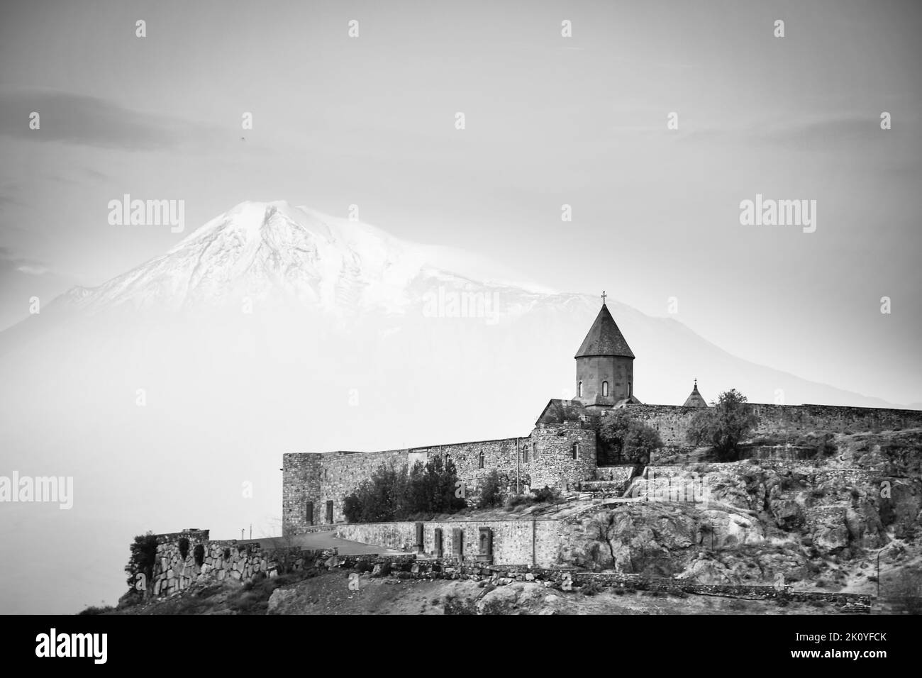 Black white image of historical landmark in Armenia - Khor Virap ...
