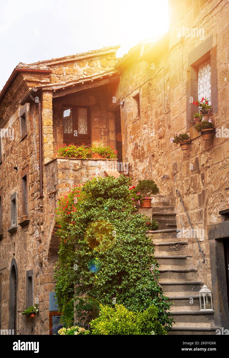 Picturesque building in medieval town in Tuscany. Old stone walls and ...