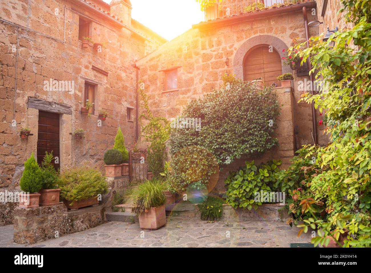 Picturesque building in medieval town in Tuscany. Old stone walls and ...