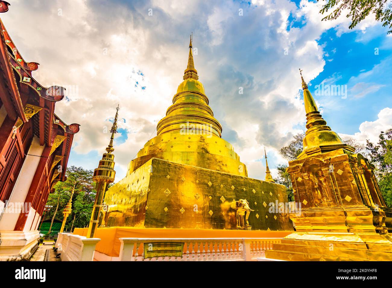 Beautiful view of Wat Phra Singh temple with golden chedi stupa and ...