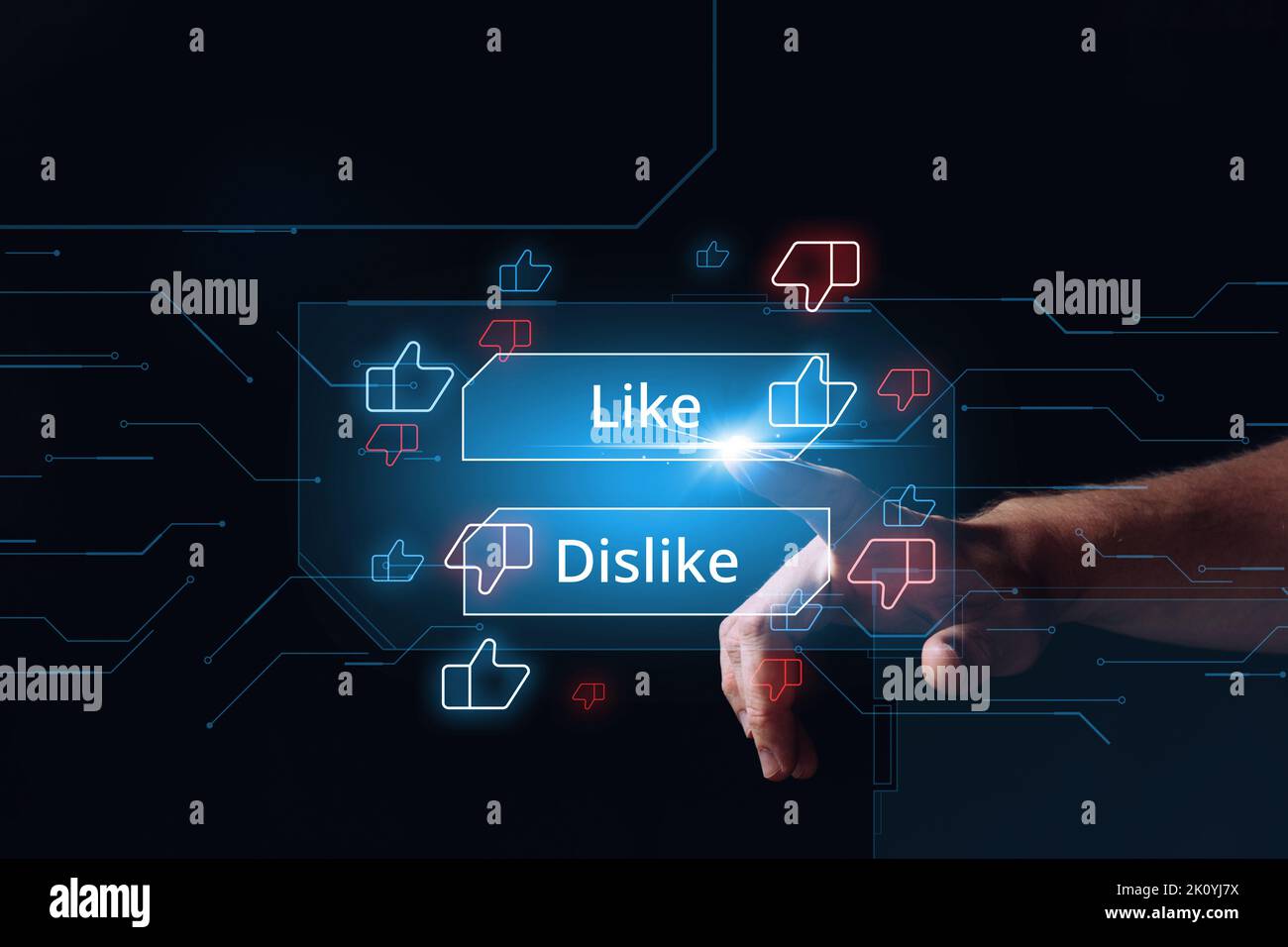Choice concept with holographic like or dislike buttons. Hand touching ...