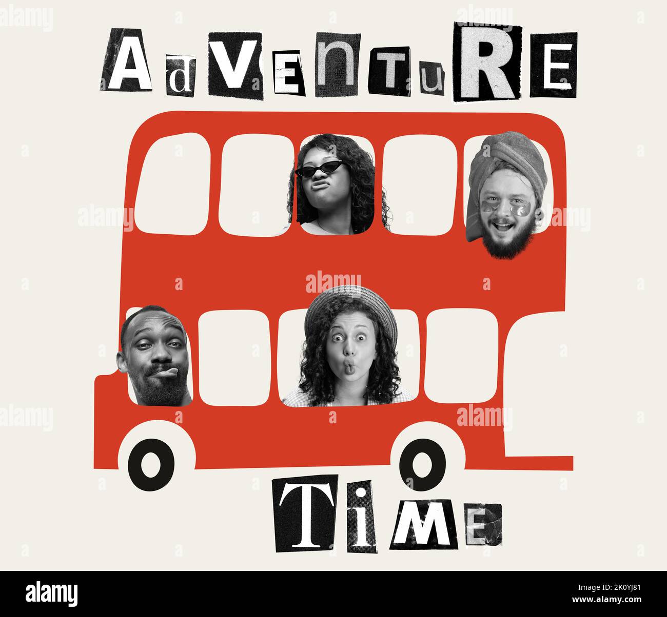 Contemporary art collage. Group of cheerful young people travelling ...