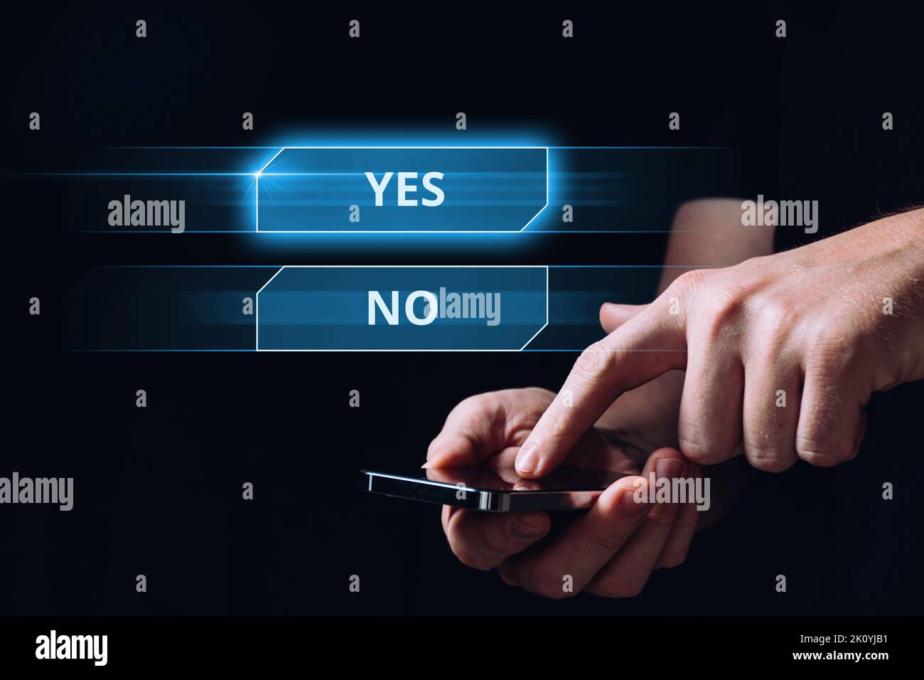 Choice concept with holographic yes or no buttons. Hand touching the ...