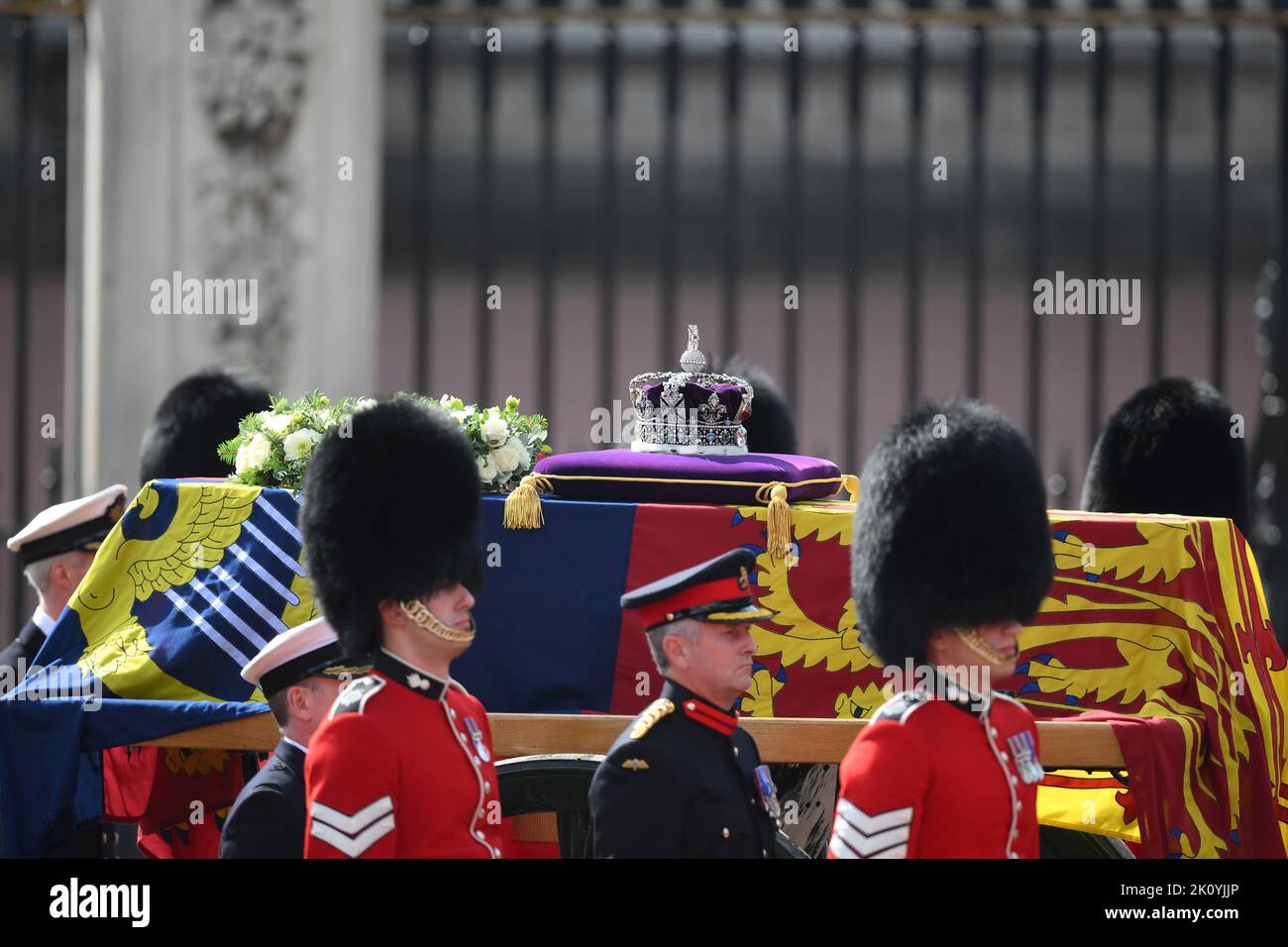 The coffin of Queen Elizabeth II, draped in the Royal Standard with the ...