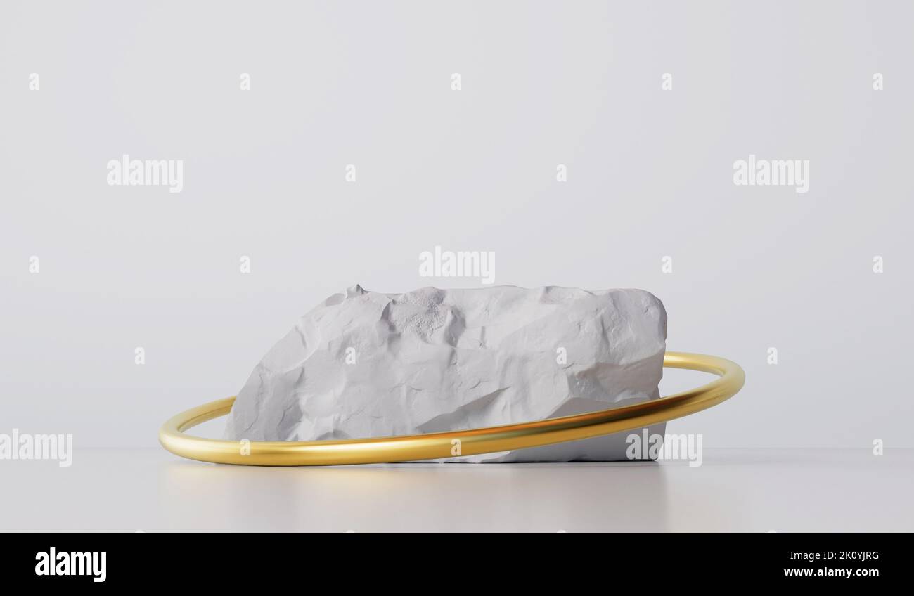 Abstract white stone rock with gold shape. Product and cosmetic display ...