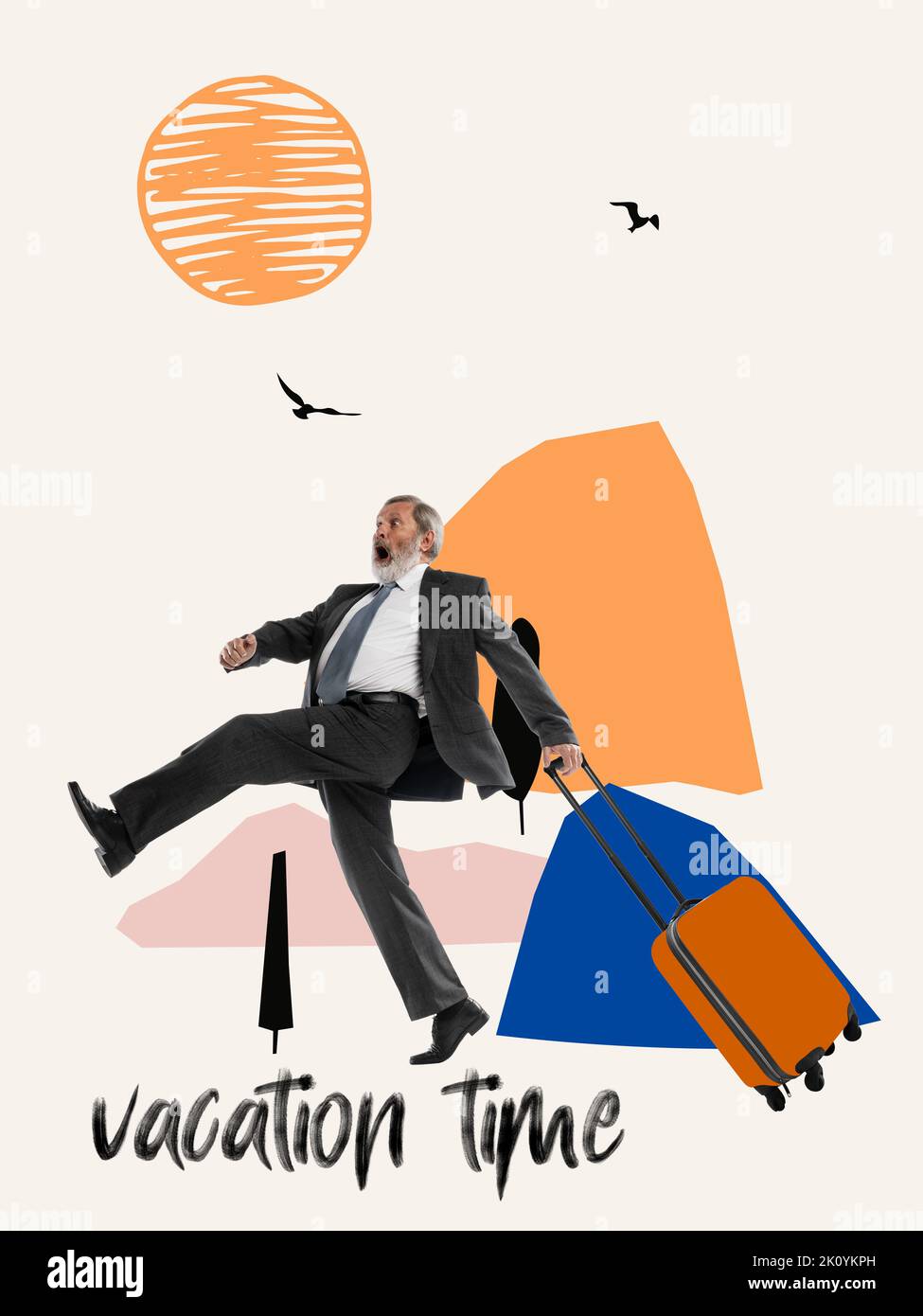 Contemporary art collage. Happy and excited senior man with suitcase ...