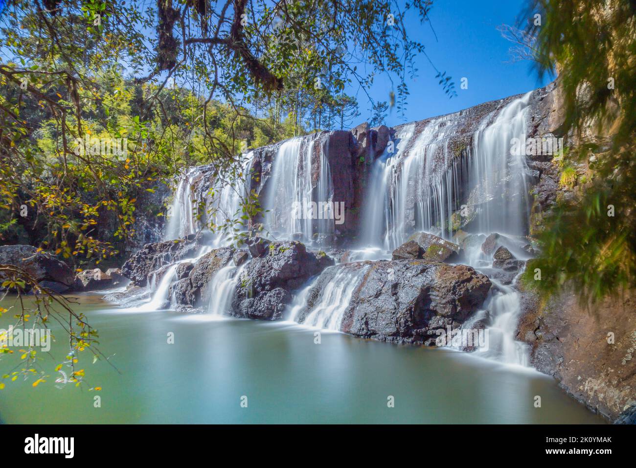Southern Brazil countryside and waterfall landscape at peaceful sunset ...