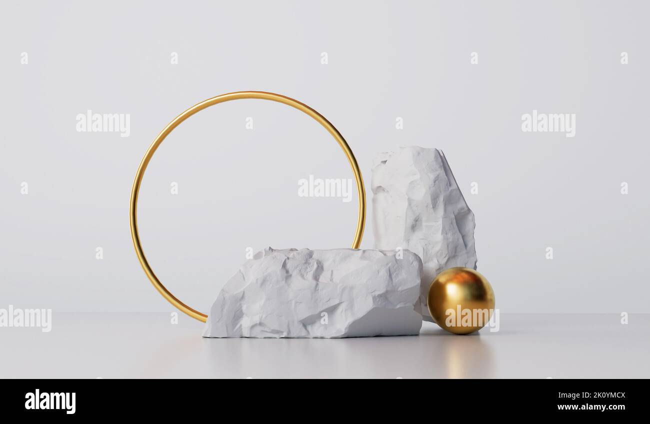 Abstract white stone rock with gold shapes. Product and cosmetic ...