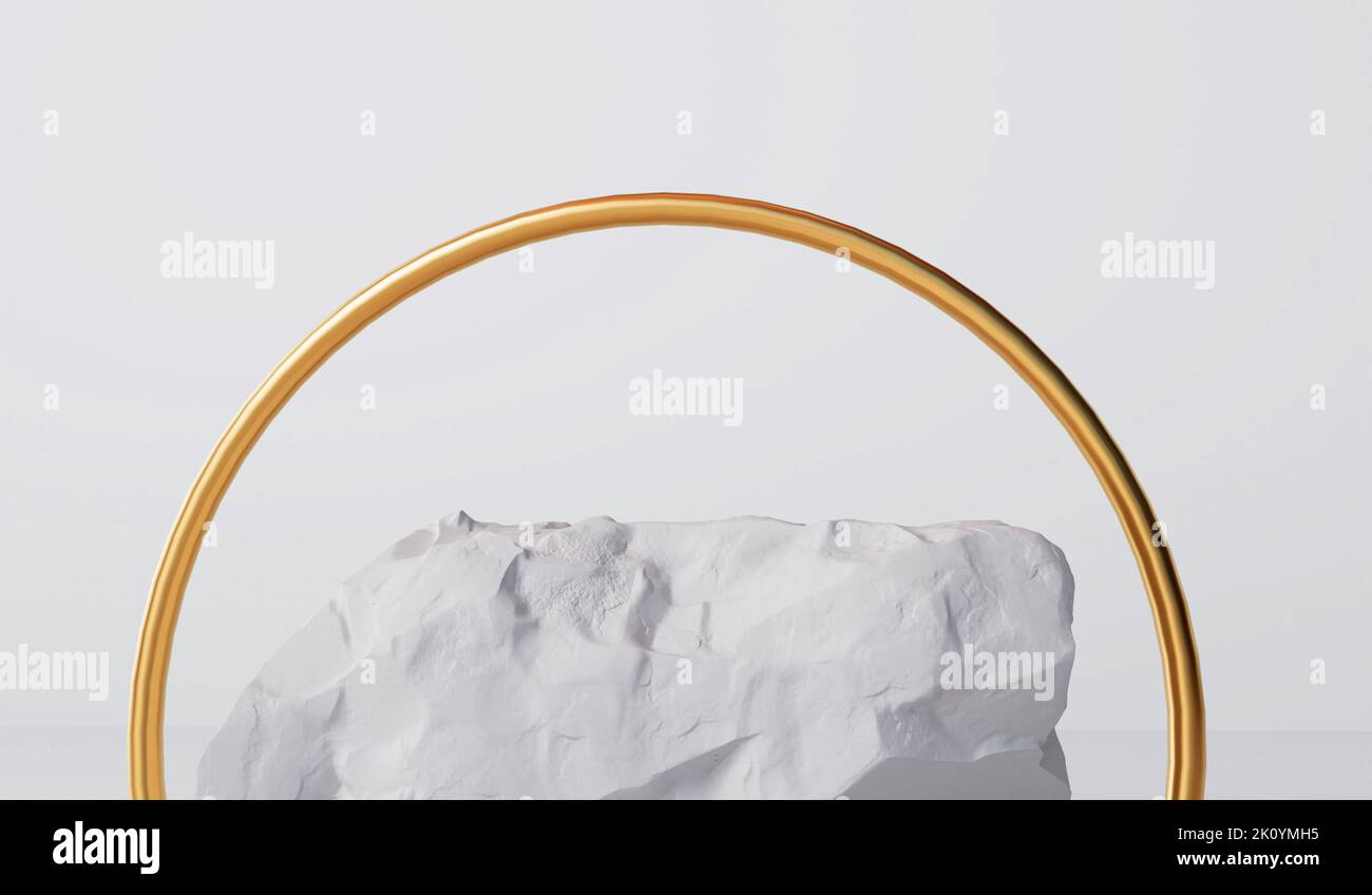 Abstract white stone rock with gold arch. Product and cosmetic display ...