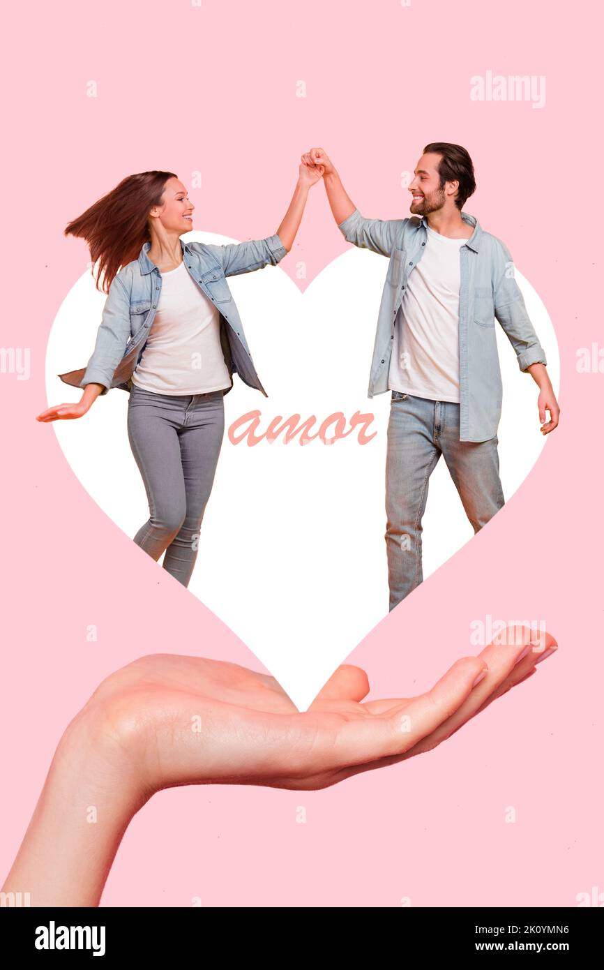 Creative template collage of two people fall in love hand show heart ...