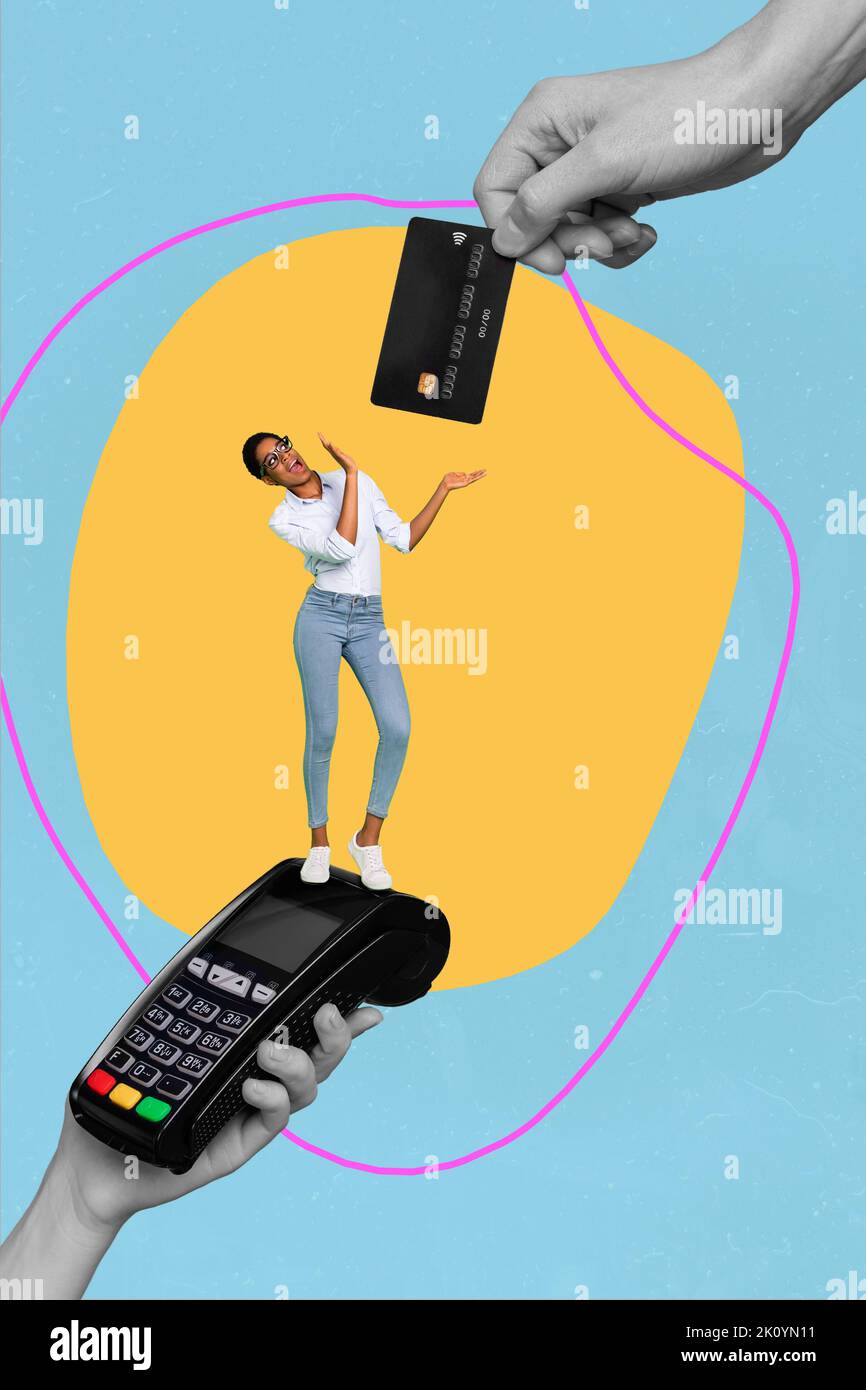 Vertical collage picture of mini person between two huge arms hold pos ...