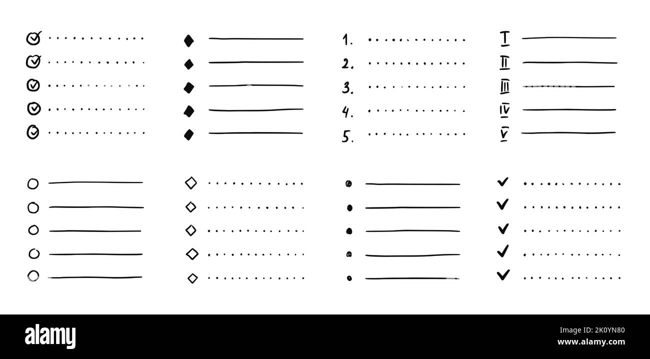 Doodle bullet list, hand drawn sketch to do checklist. Notebook schedule, task paper planner ...