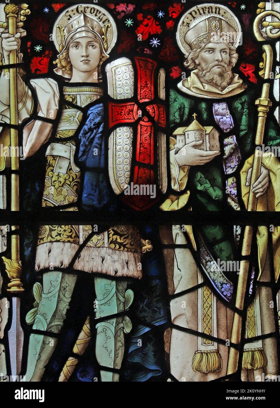 Stained glass window by Percy Bacon depicting St George & St Piran, All ...
