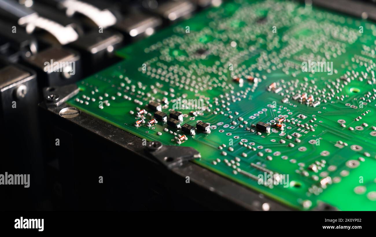 Close-up shot of PCB printed circuit board in the process of surface ...