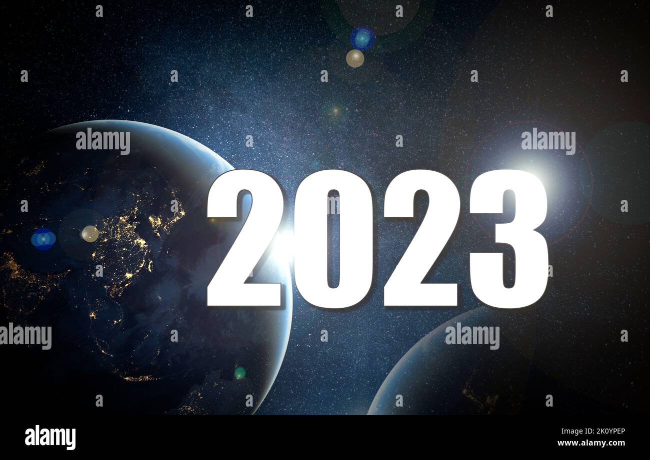2023 against the backdrop of the planet Earth flying in space Stock ...