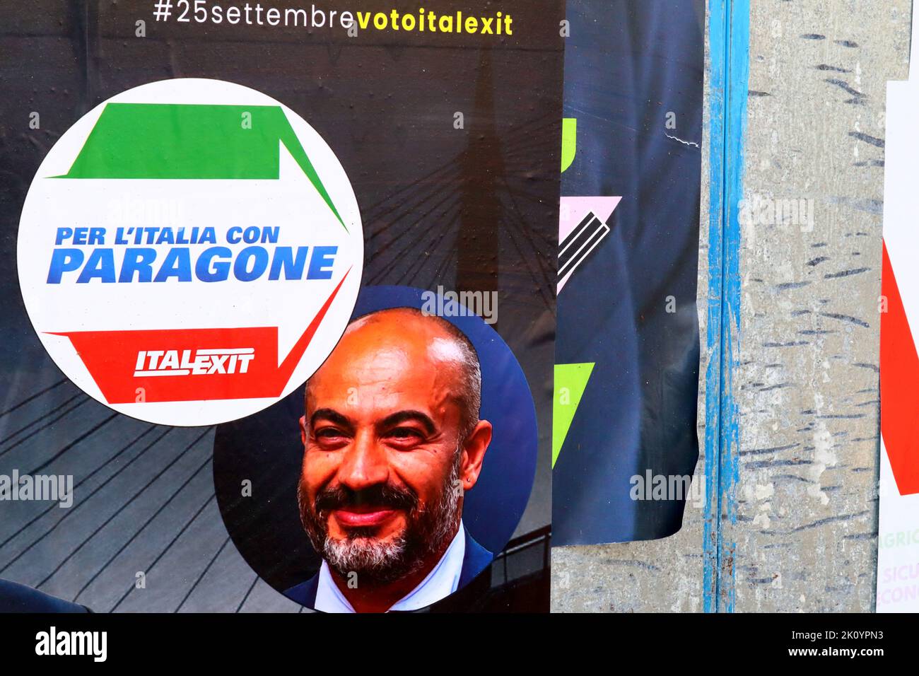 Detail of Italian Election wall poster with symbols of Italexit ...