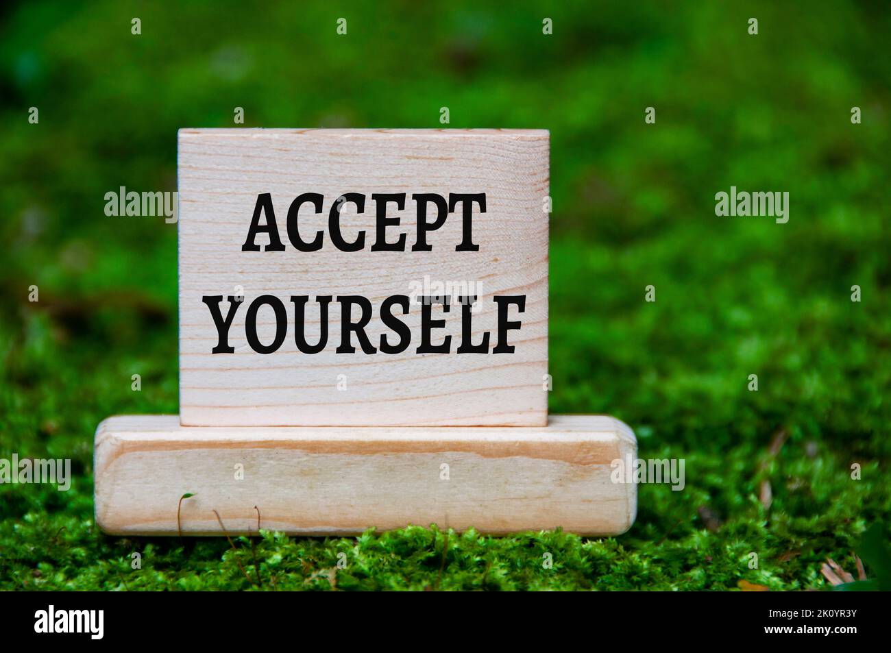 Accept yourself text on wooden block with green nature background ...